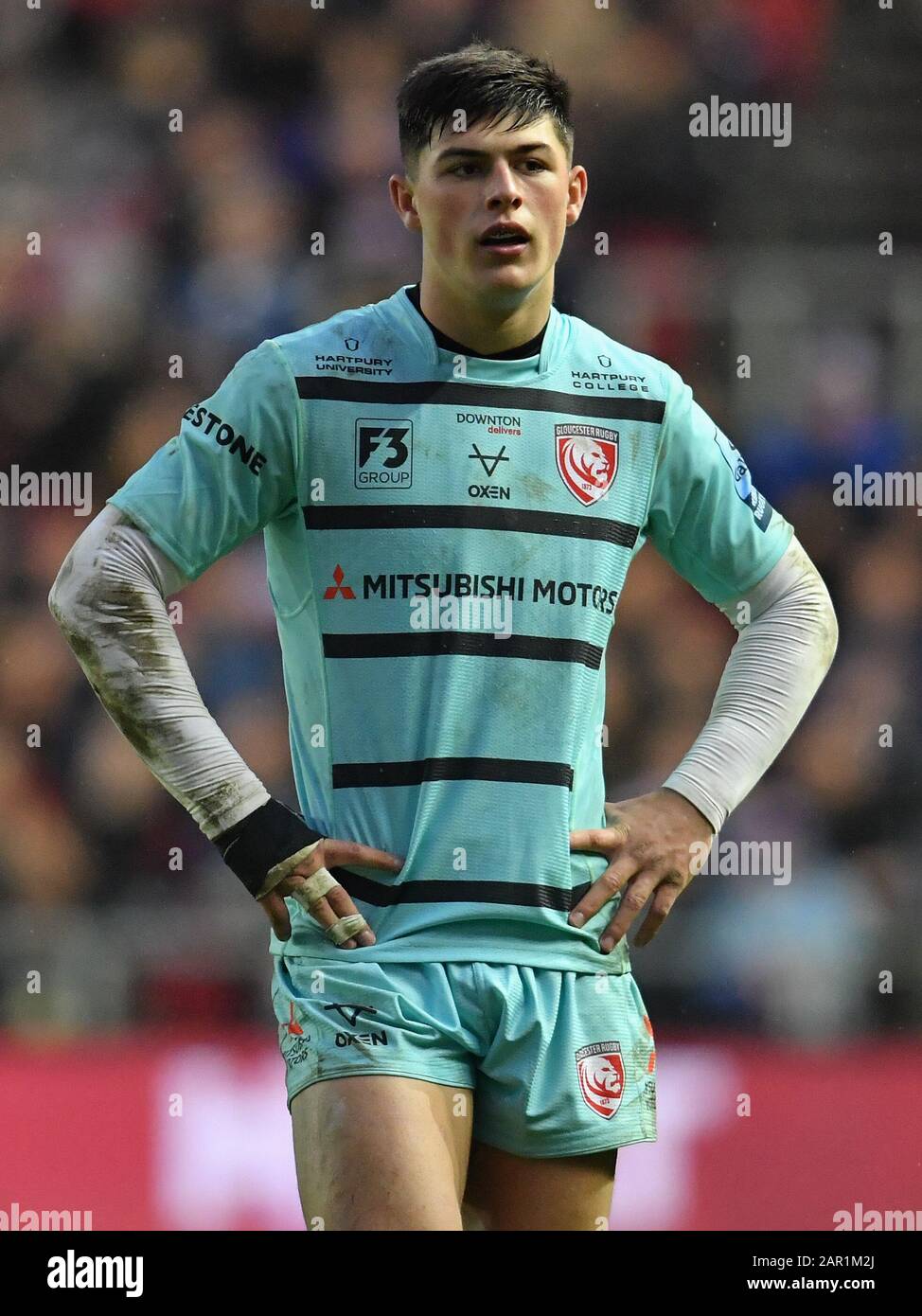 Gloucester's Louis Rees-Zammit looks on during the Gallagher ...
