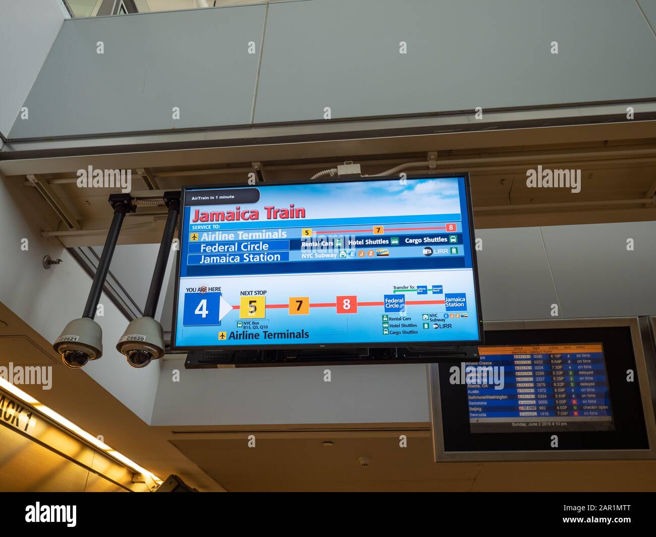 New York, USA - June 2, 2019: Information panels on the train platform ...