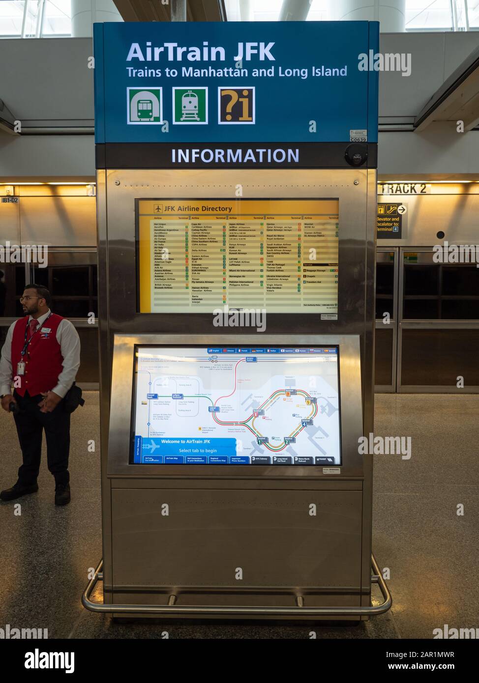 New York, USA - June 2, 2019: Information panels on the train platform ...