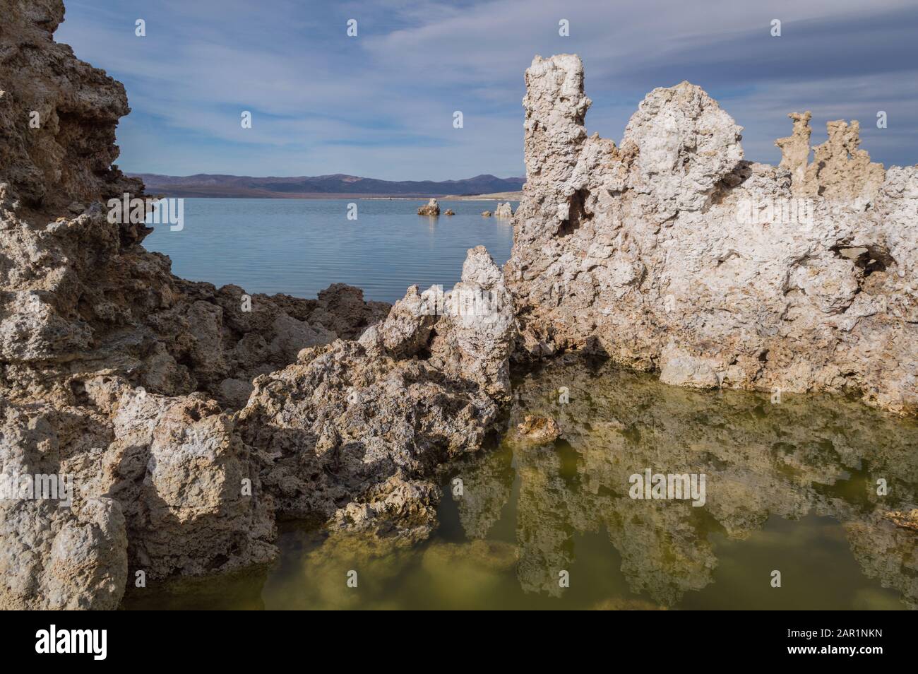 A view of the tufas on Mono Lake in California with the Sierra ...