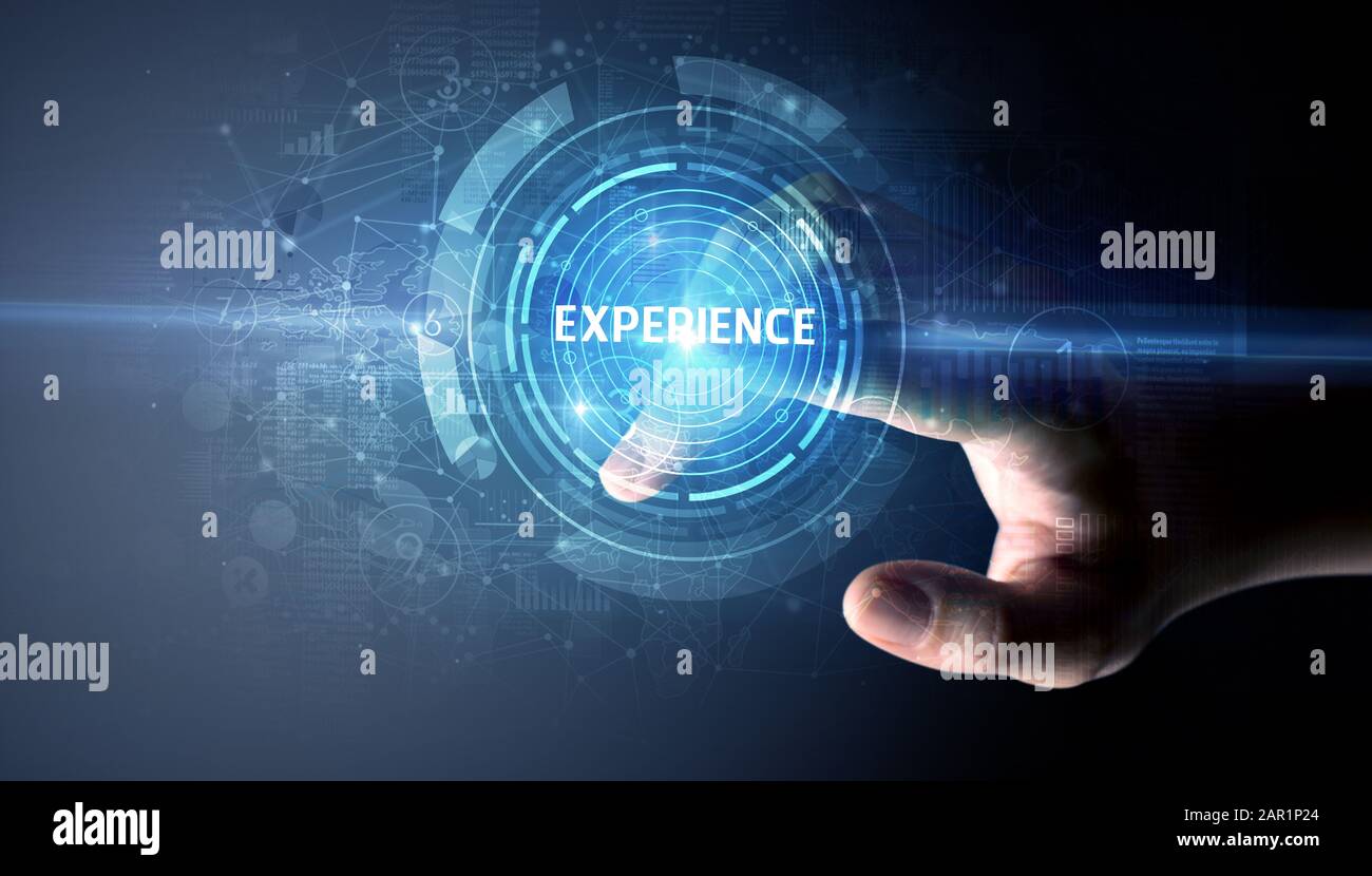 Hand touching EXPERIENCE button, modern business technology concept ...