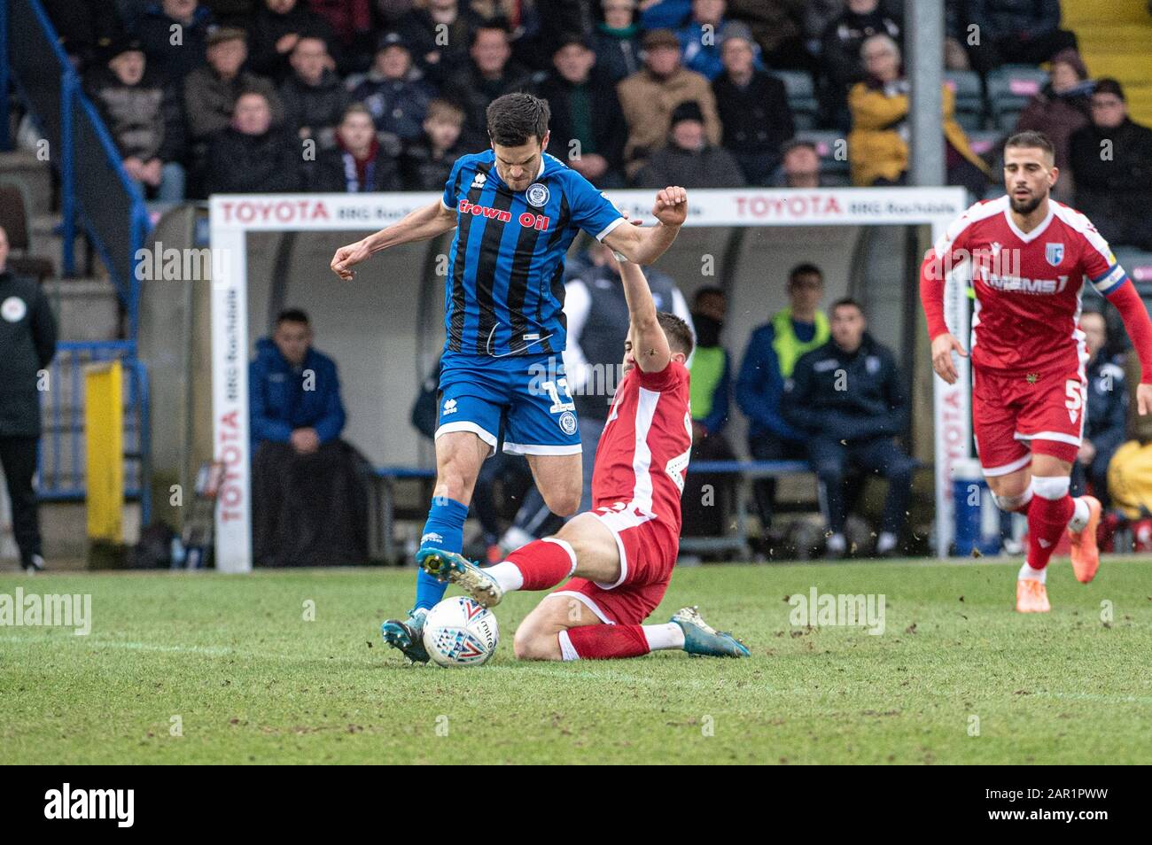 ROCHDALE, ENGLAND - JANUARY 25TH Oliver Lee of Gillingham FC tackles ...
