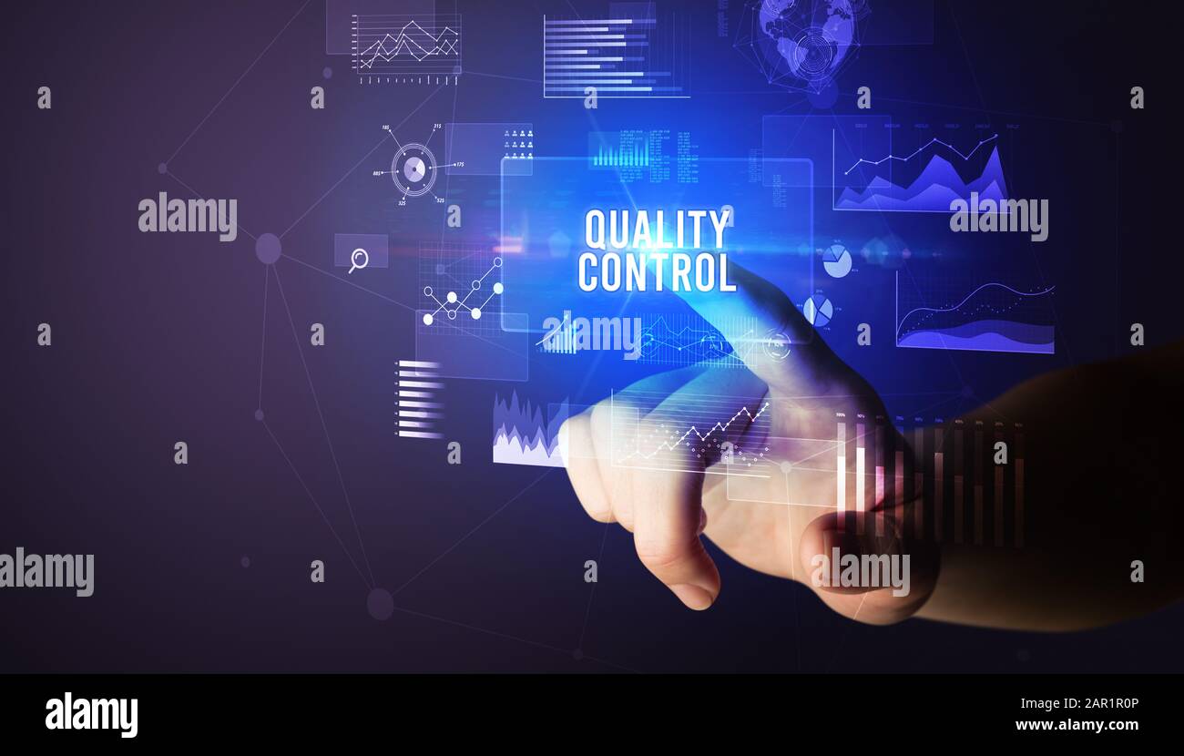 Hand touching QUALITY CONTROL inscription, new business technology ...