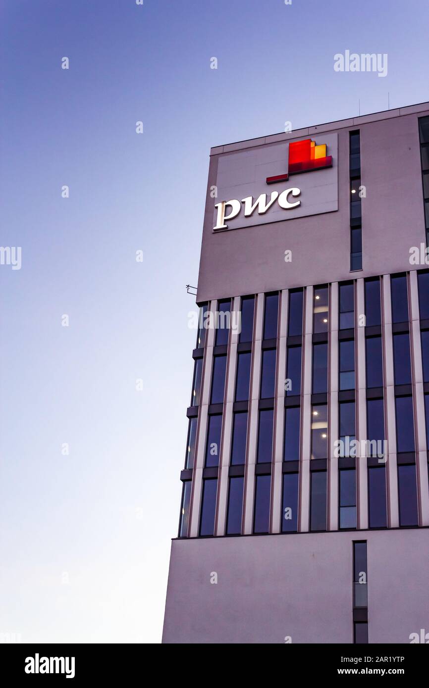 MUNICH, GERMANY - Jun 25, 2019: PwC tax office building in munich entry ...