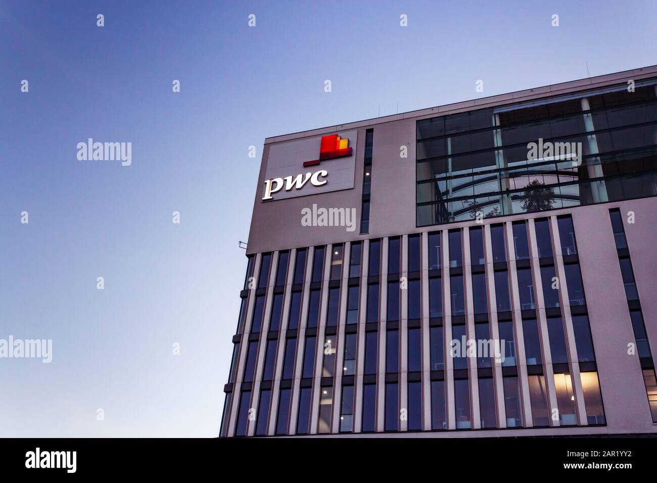 MUNICH, GERMANY - Jun 25, 2019: PwC tax office building in munich entry ...