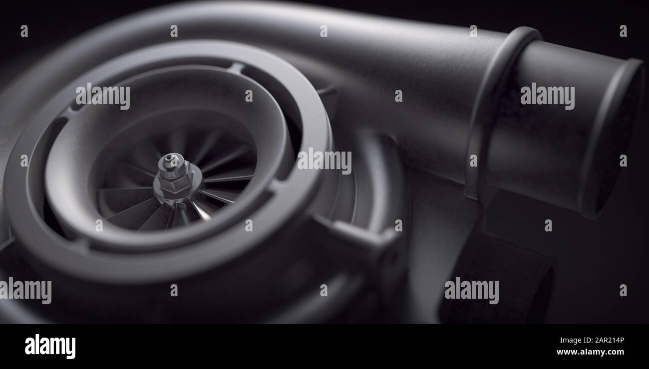 Car turbocharger on black background. Auto part turbo engine technology ...