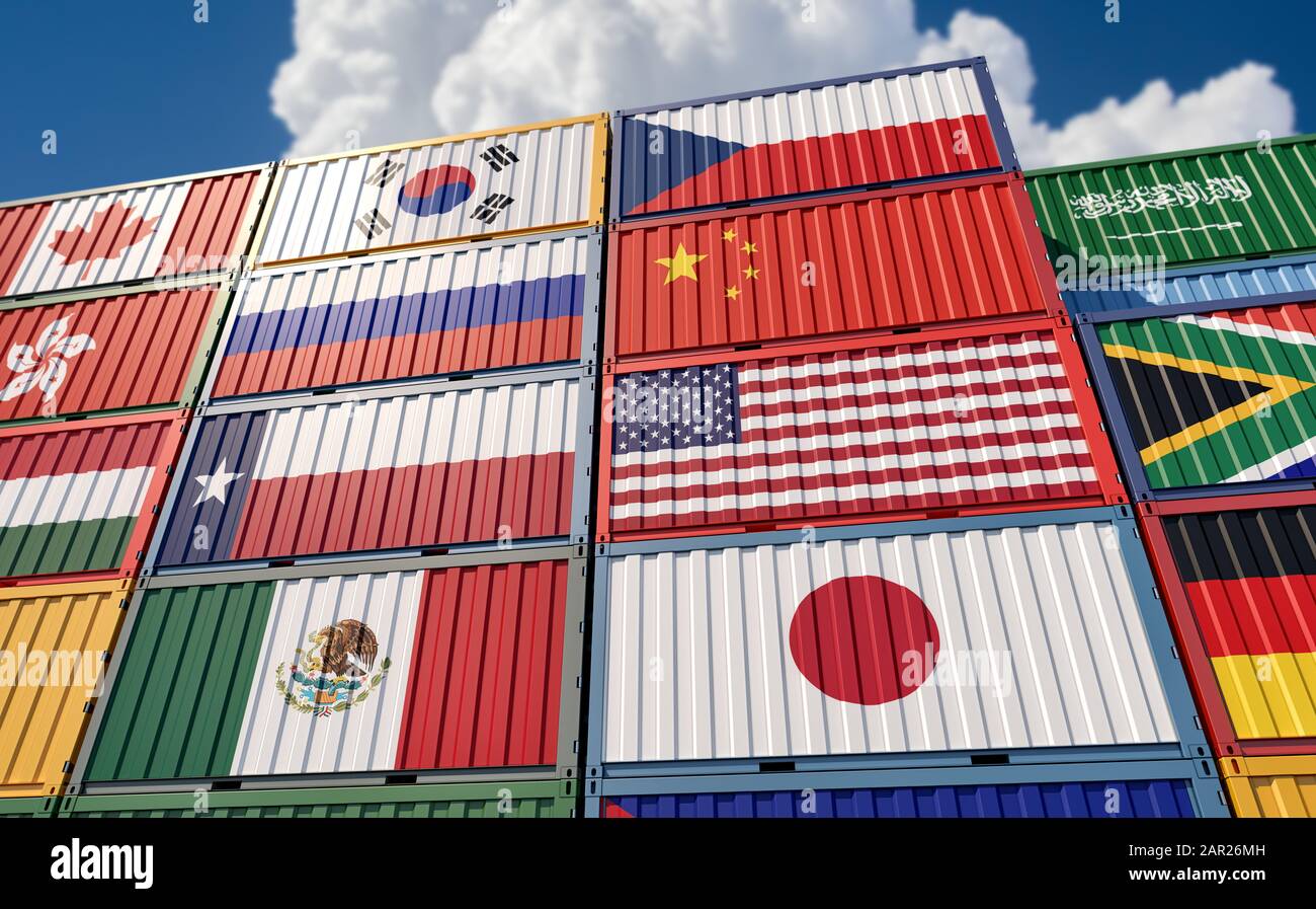 Container Terminal - Freight container with different national flag ...