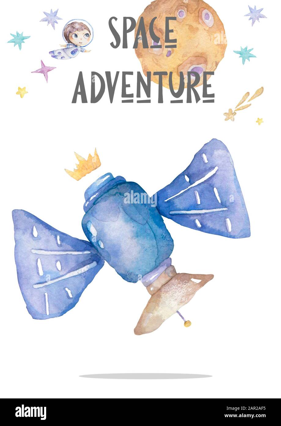 World Space station orbiting around earth, Cute watercolor cartoon ...