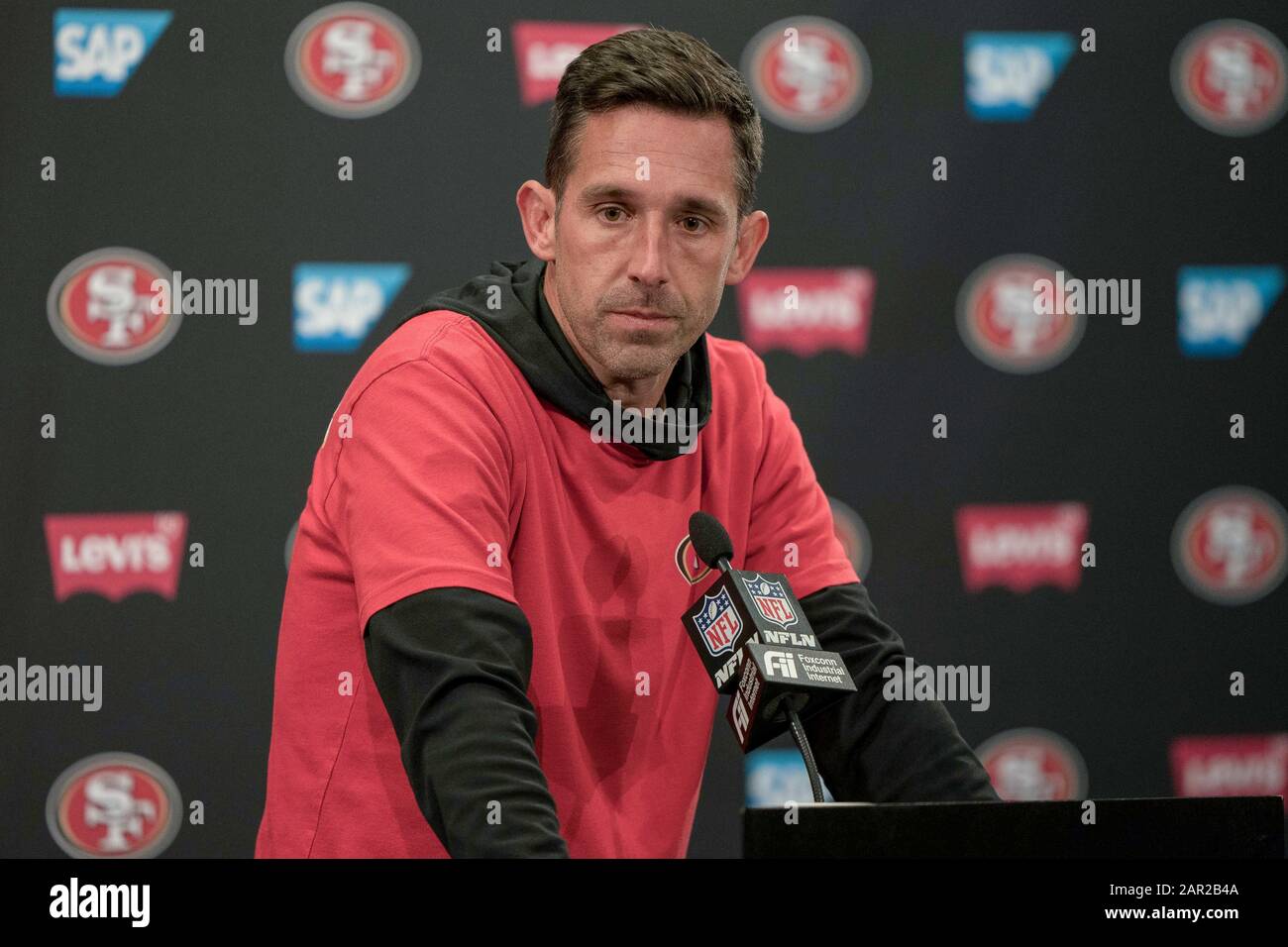 San Francisco 49ers head coach Kyle Shanahan speaks to the media after ...