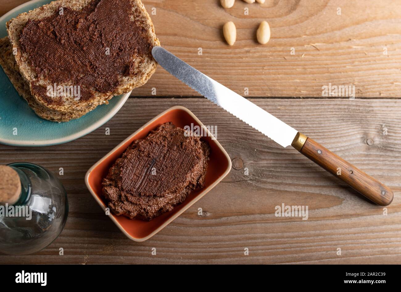 Vegan chocolate spread made of organic almond butter and organic cacao ...