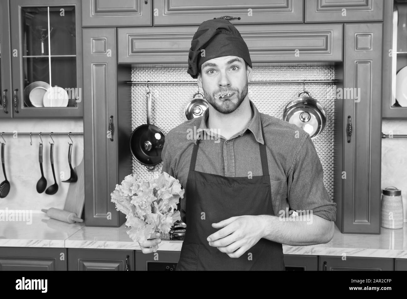 Professional kitchen. Traditional cuisine. Man at kitchen concept. Go ...