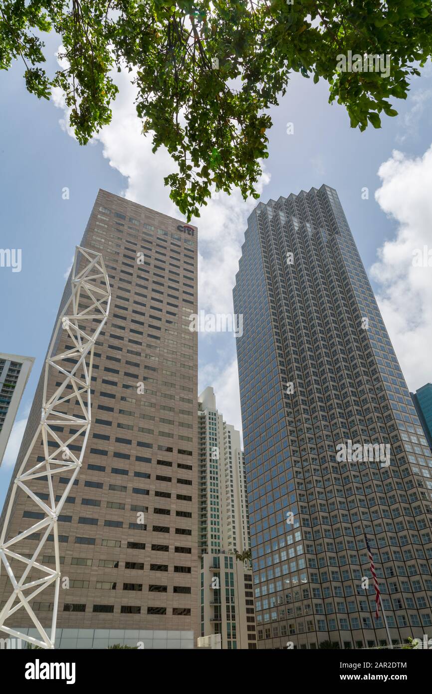 Skyscraper buildings surround Bayfront Park in Downtown Miami, Miami ...