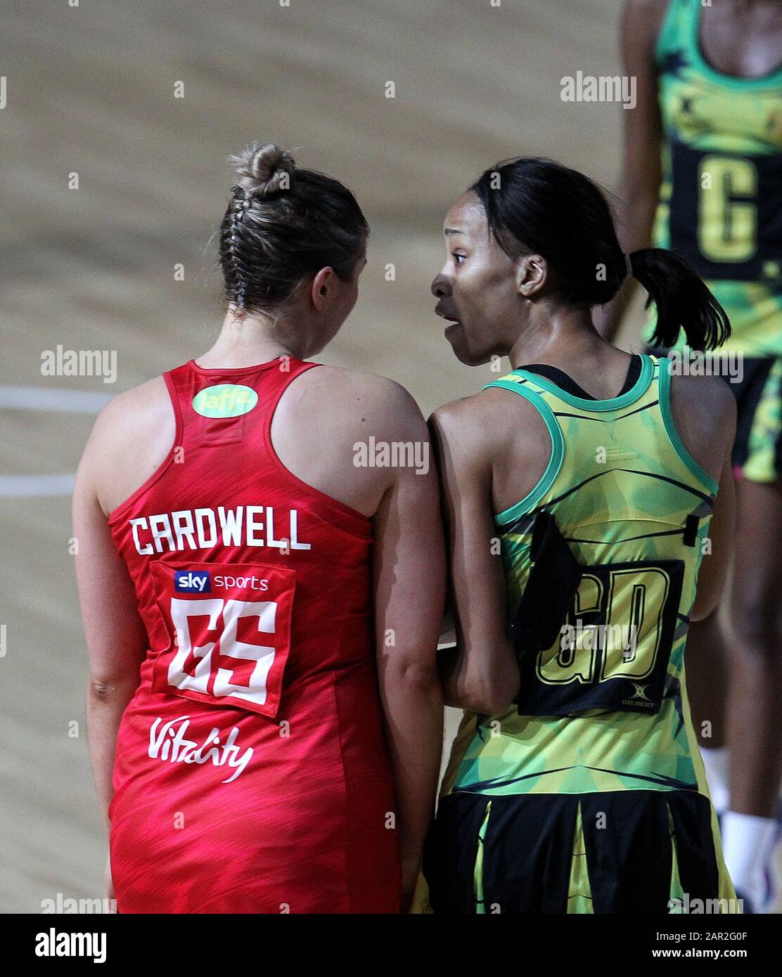 England Vitality Roses Eleanor Cardwell is confronted by Jamaica’s ...