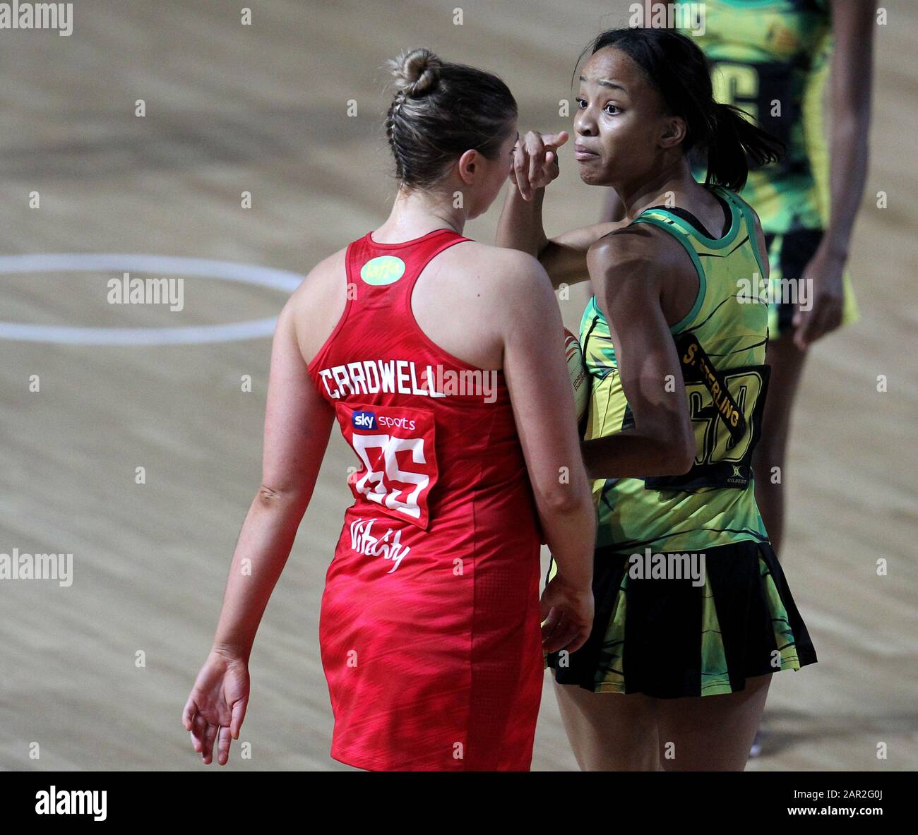 England Vitality Roses Eleanor Cardwell is confronted by Jamaica’s ...