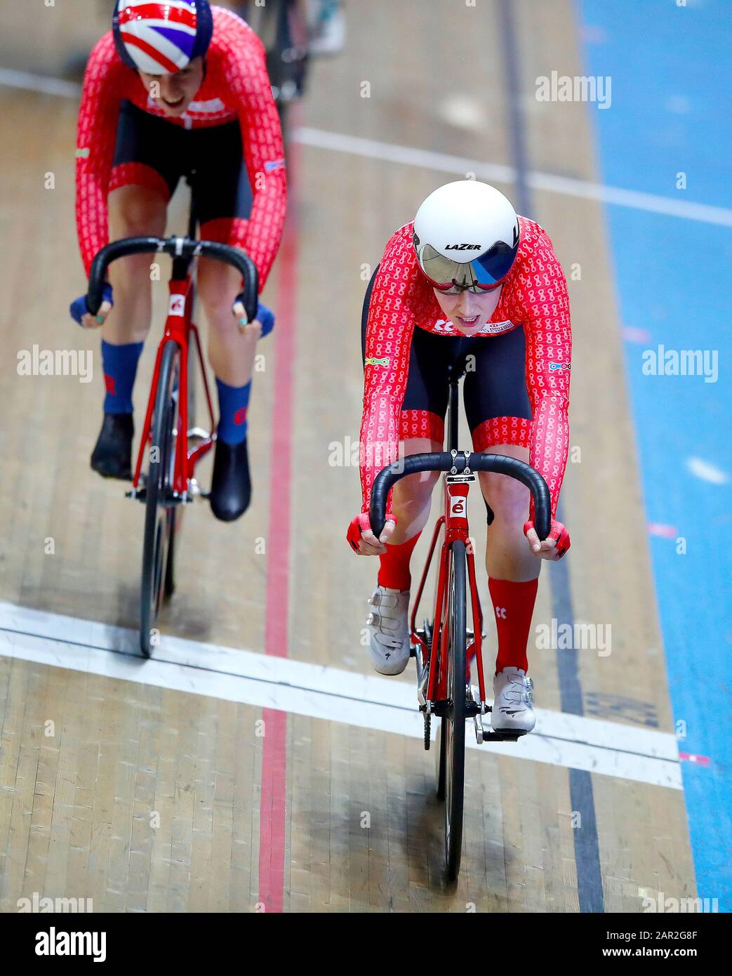 Team Breeze rider Ella Barnwell (right) crosses the line to win the ...