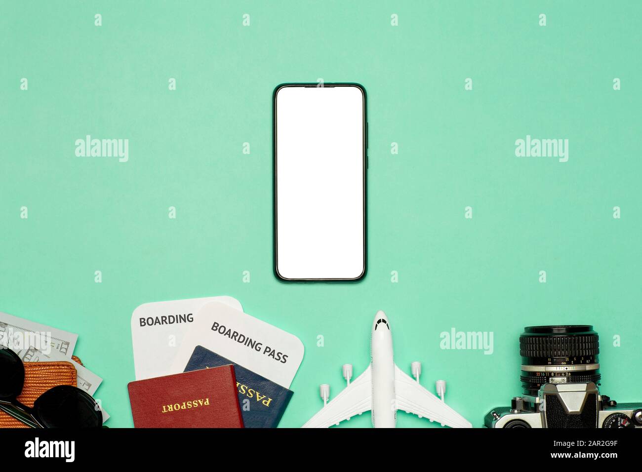 Travel apps for smartphone concept. Smartphone with blank screen on ...