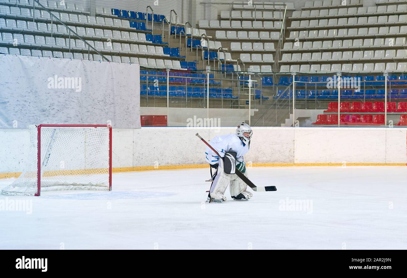 hockey goalie in blue uniform on goal Stock Photo - Alamy