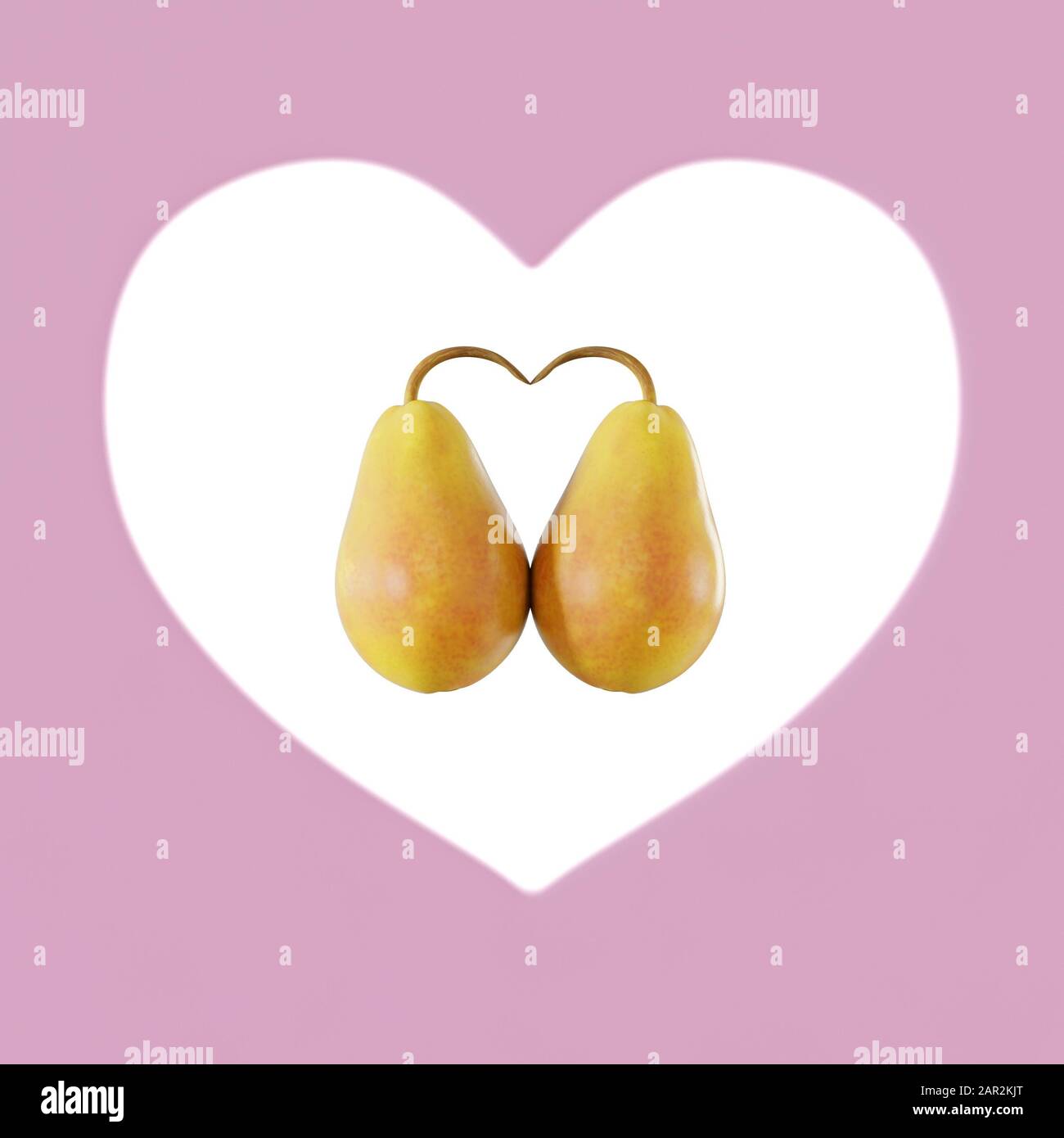 Two sweet pears on a pink heart background on a white background Stock ...