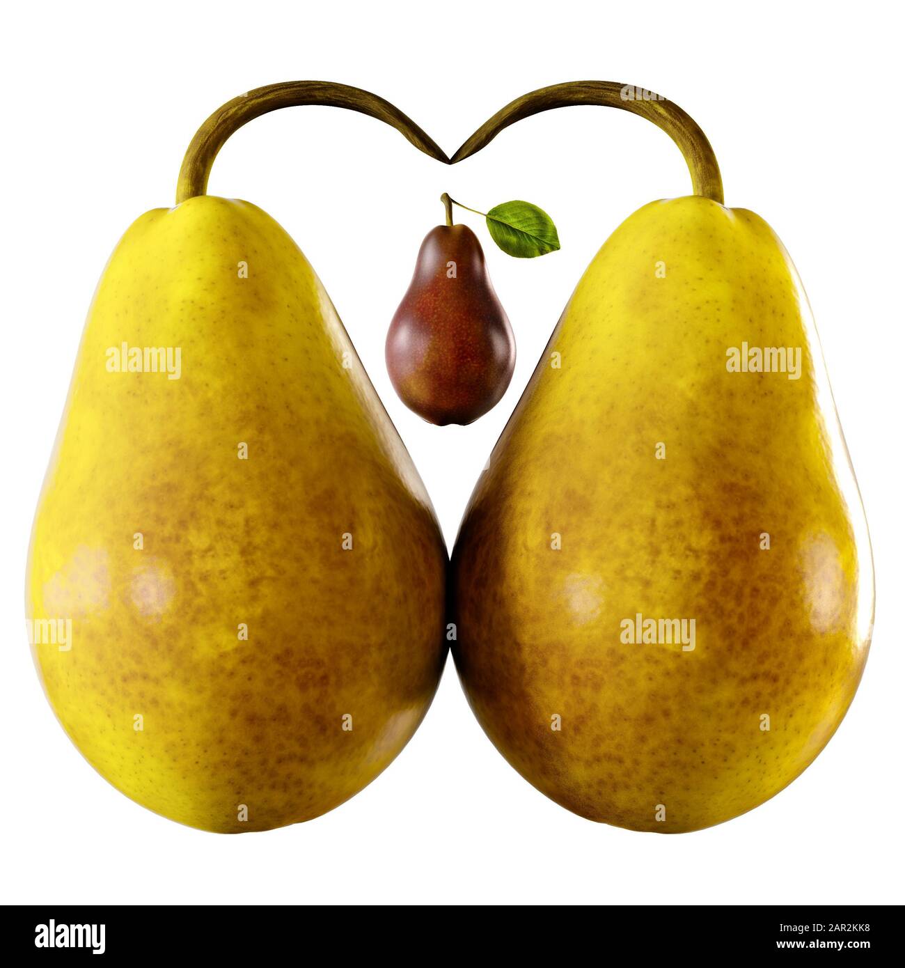 Two sweet pears one red in the middle in the heart on a white ...