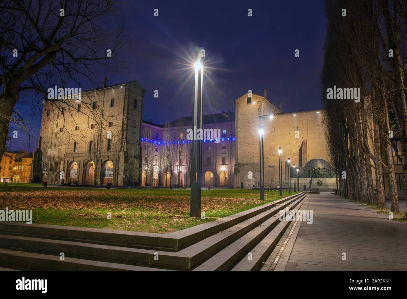 Pilotta Palace at Christmas week at Parma city. Dust - grass and high ...