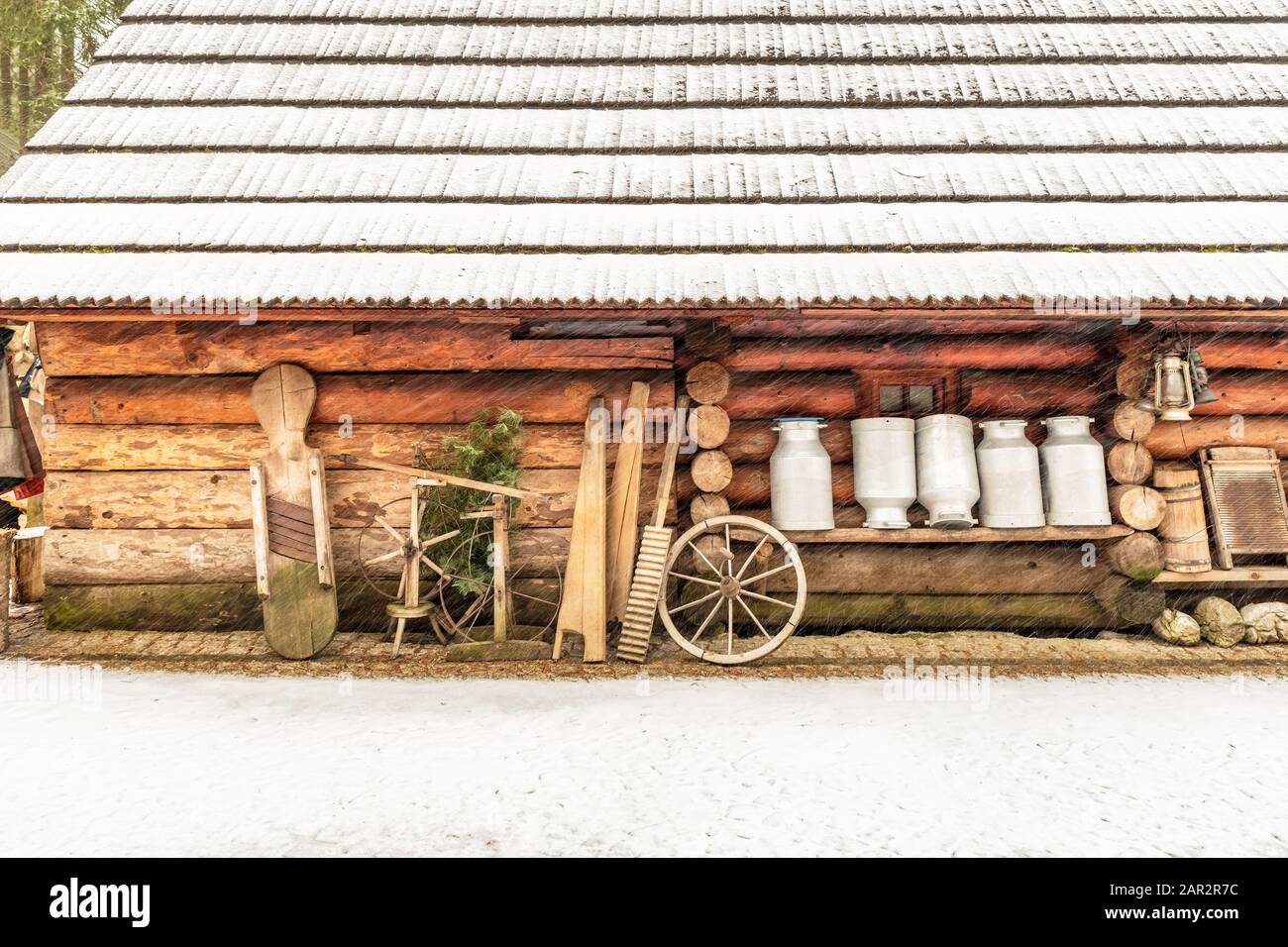 Old traditional highlander house facade located near Zakopane in Poland ...