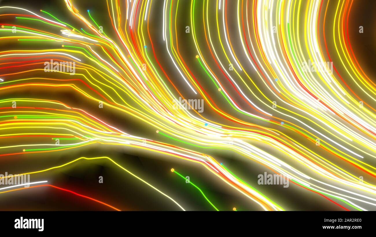 Neon glowing twisted cosmic lines on the surface of the planet ...