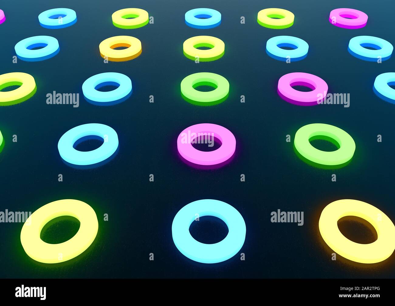 3d render of glowing different colour circles on a blue scratchy ...