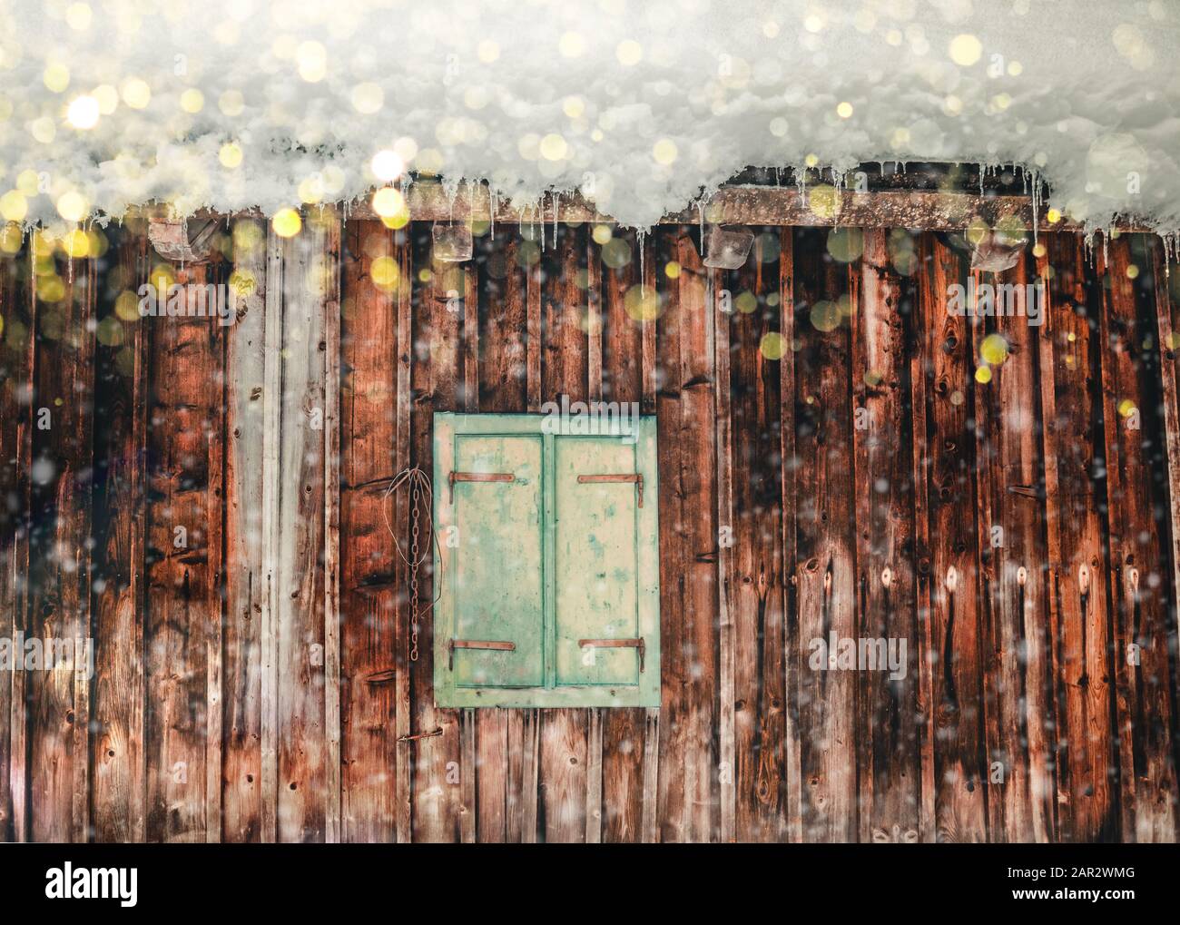 wooden wall and snow background with space Stock Photo - Alamy