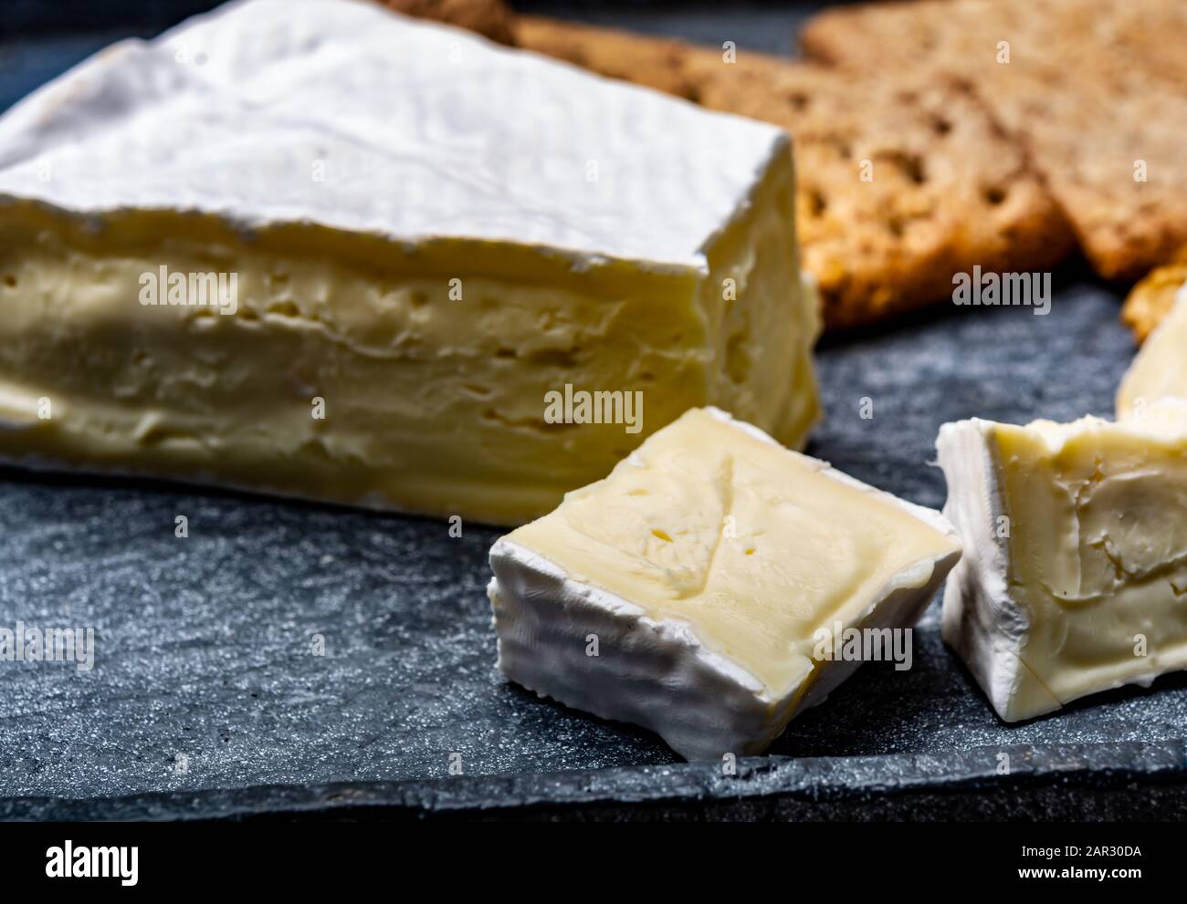 Cheese collection, piece of French brie cheese with white mold close up ...