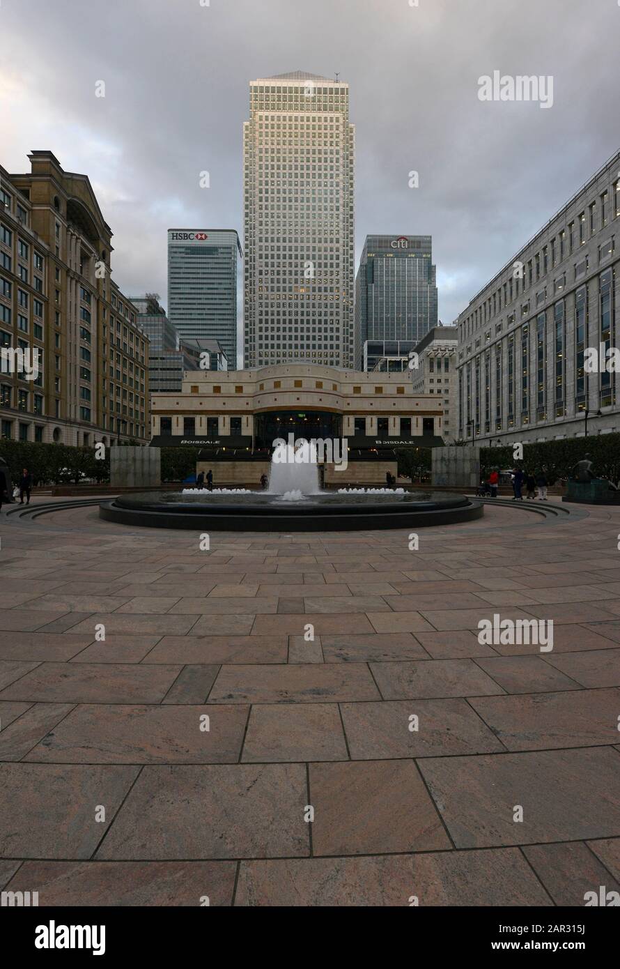 Cabot Square in Canary Wharf, London, UK, with the One Canada Square ...