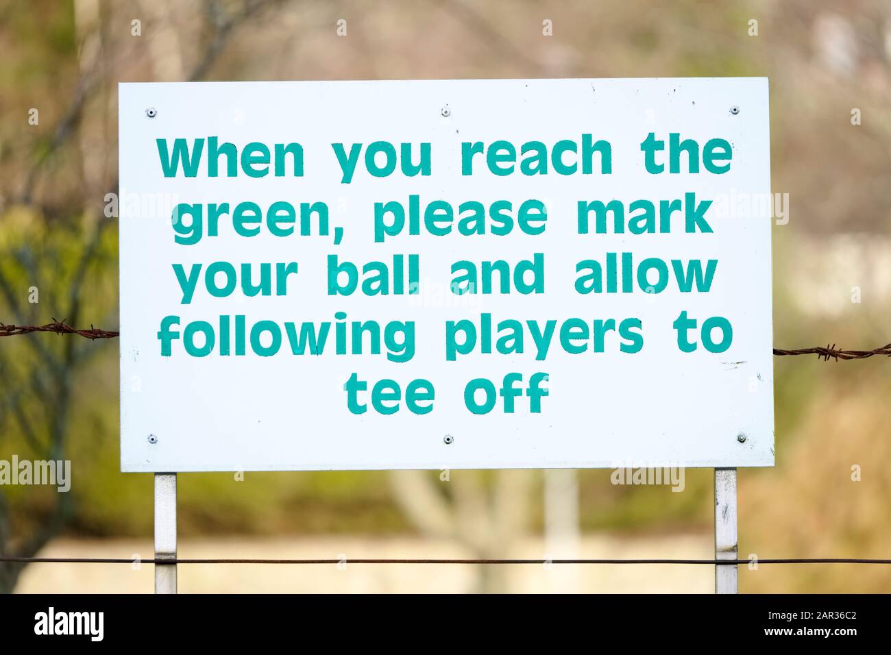 Golf course rules sign to allow players to tee off and mark ball Stock ...