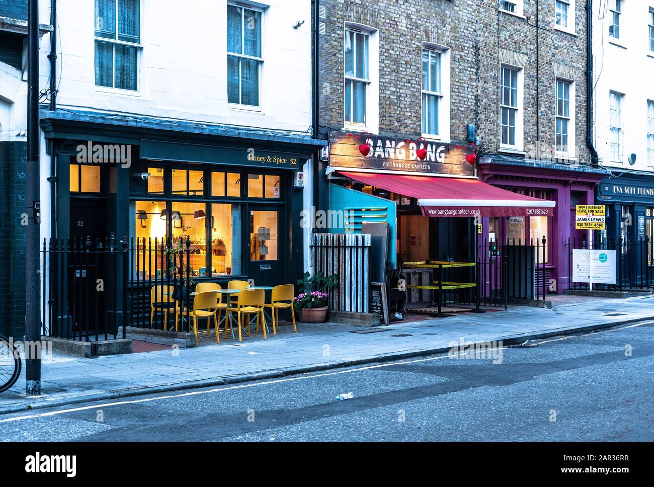 A row of small restaurants on Warren street, Bloomsbury, London W1T ...