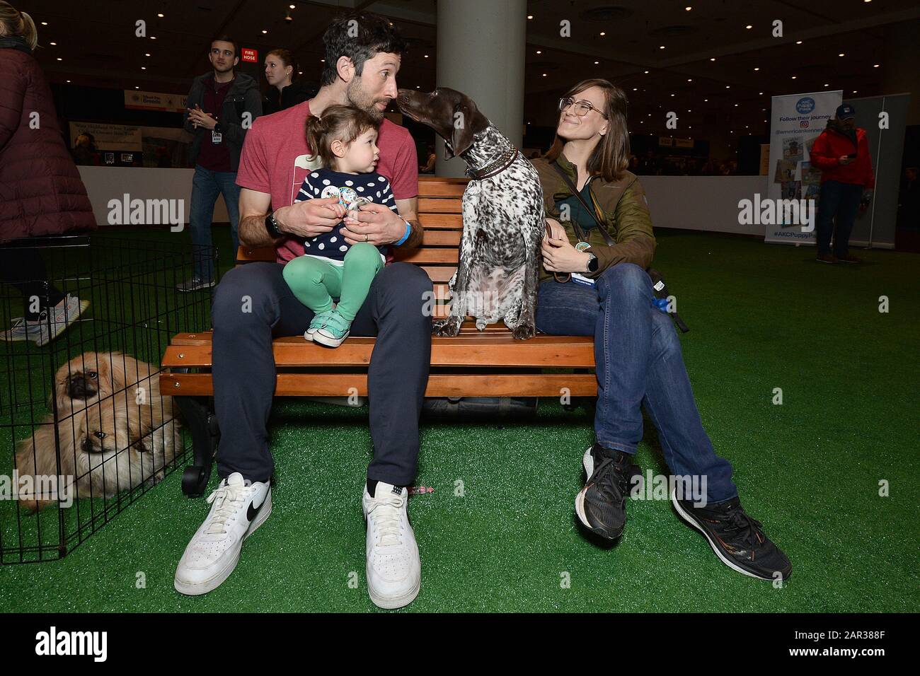 Nick Gaubinger holds his daugher Anna, as a German Shorthaired Pointer ...