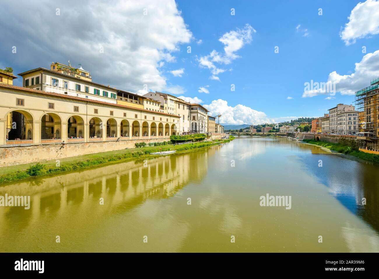 The Uffizi Gallery and the Arno River taken from the Ponte Vecchio bridge on the Arno River in ...