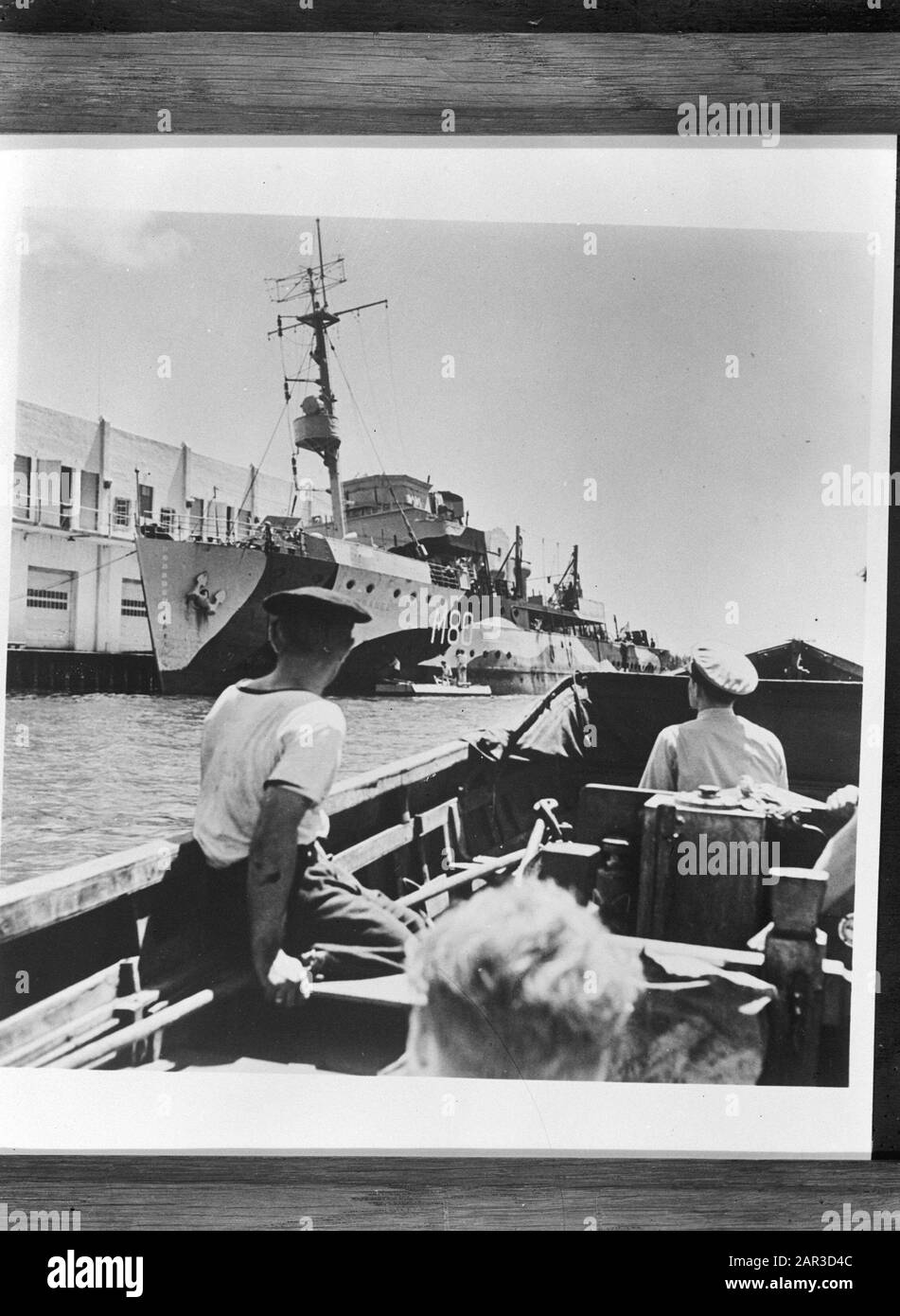 [Hr. Ms. Dan. Jan van Brakel in American port. Sailors approaching with ...
