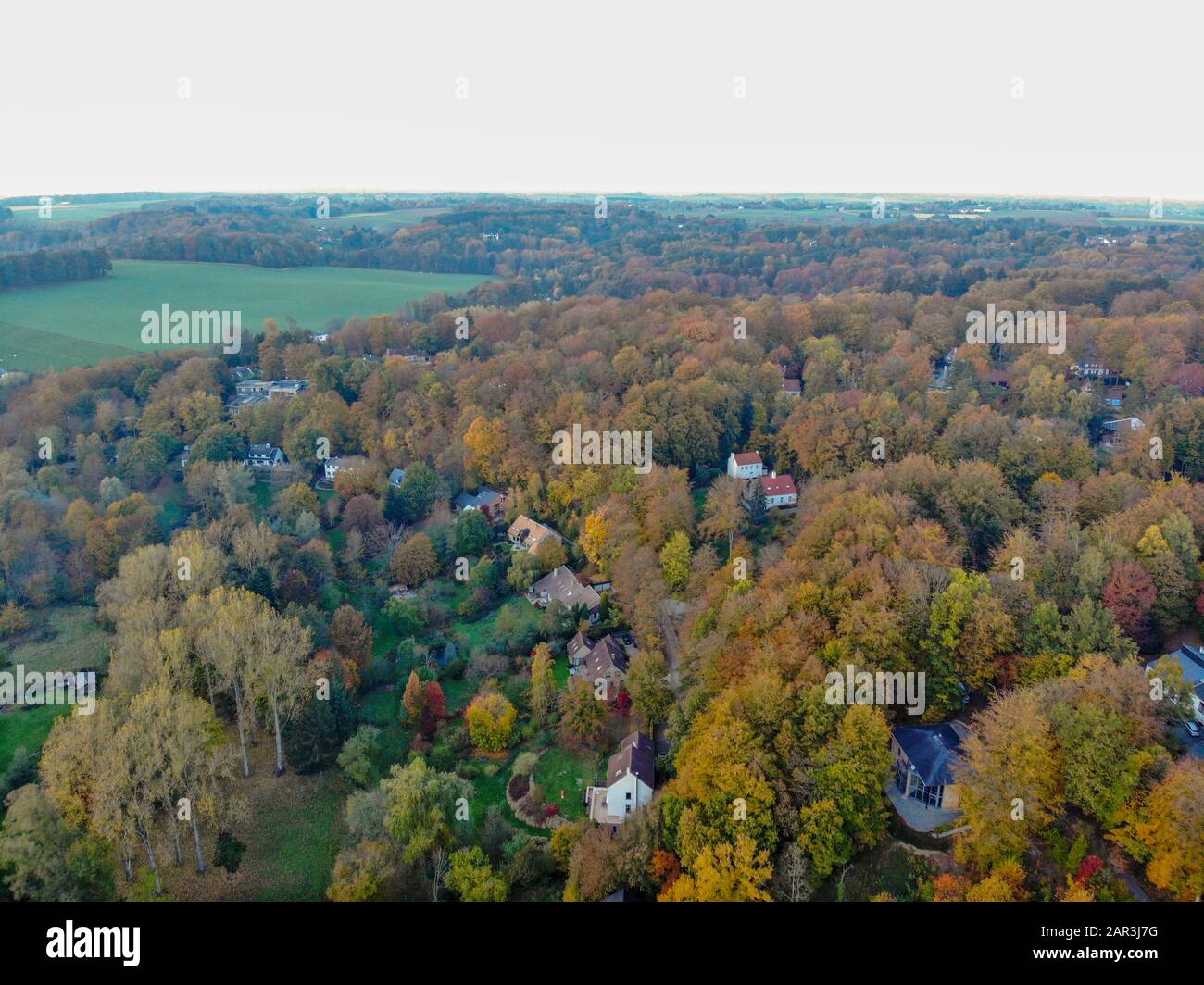 Aerial view of country side area with villas and garden surrounded by ...