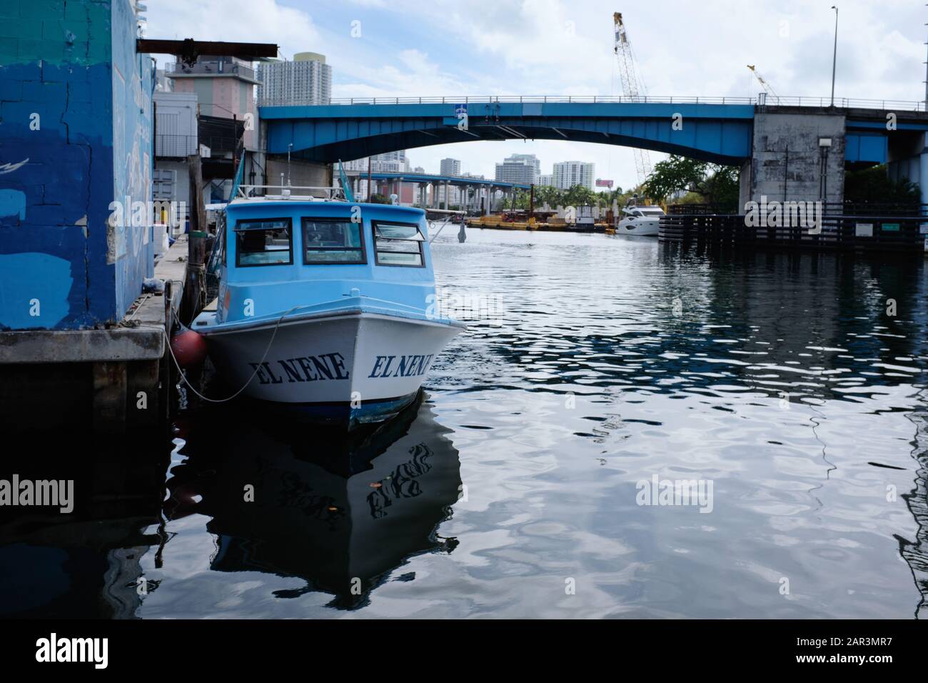 Miami River in Downtown Miami, Florida with fishing boat by the ...