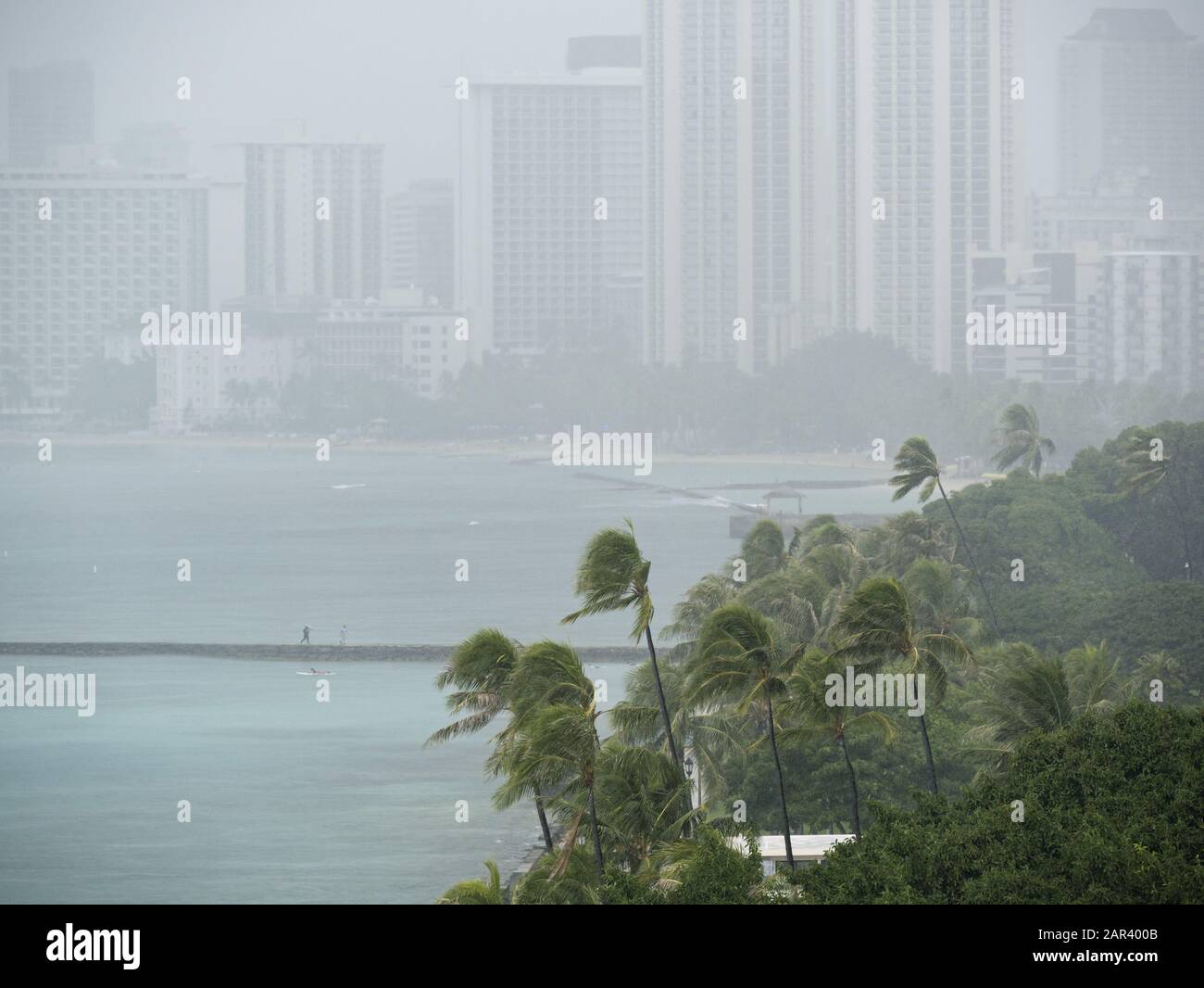 Honolulu, Hawaii, USA. 16th Dec, 2019. A rain shower and strong wind ...