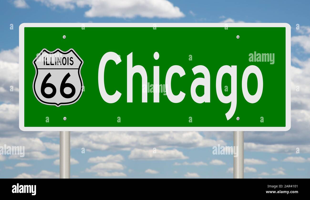 Rendering of a green 3d highway sign for Chicago Illinois on Route 66 ...
