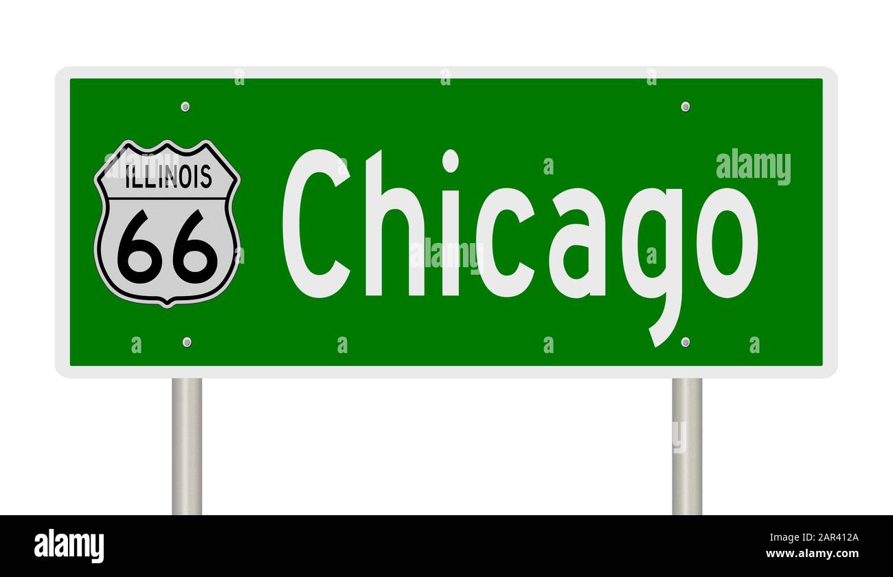 Rendering of a green 3d highway sign for Chicago Illinois on Route 66 ...