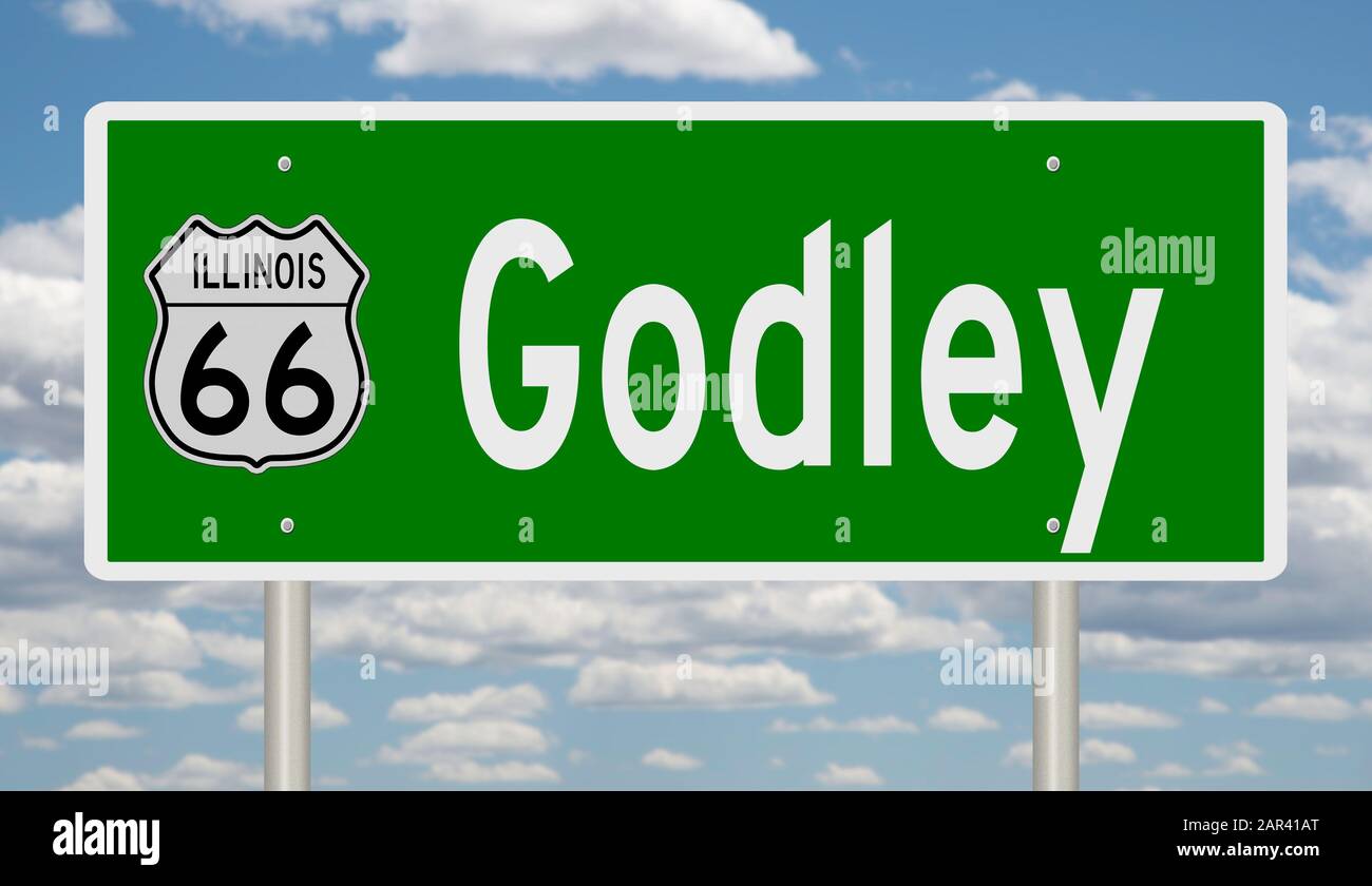 Rendering of a green 3d highway sign for Godley Illinois on Route 66 ...