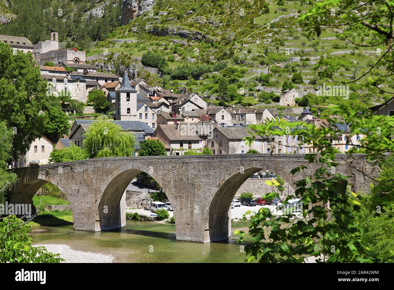 a stone arch bridge at St Enimie in the Tarn Gorge, Lozere Department ...
