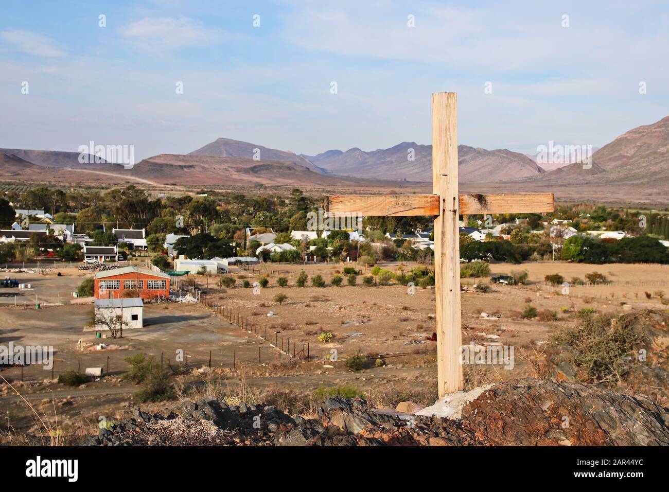 A wooden cross overlooking the town of Prince Albert in South Africa ...