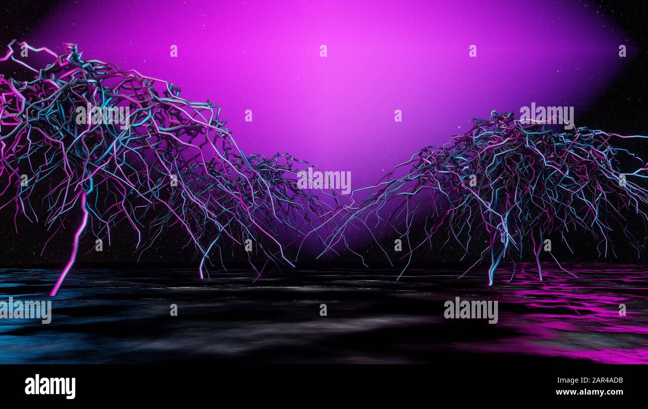 Abstract black trees are illuminated by ultraviolet light. Blue-purple ...