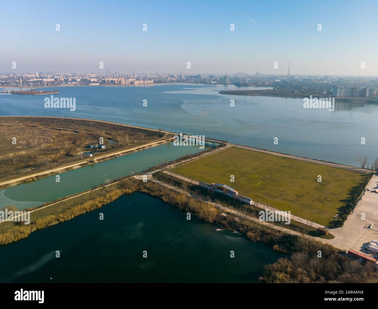 Aerial photo of the Old Bridge Dambovita between Dambovita RIver and Morii Lake , Bucharest ...
