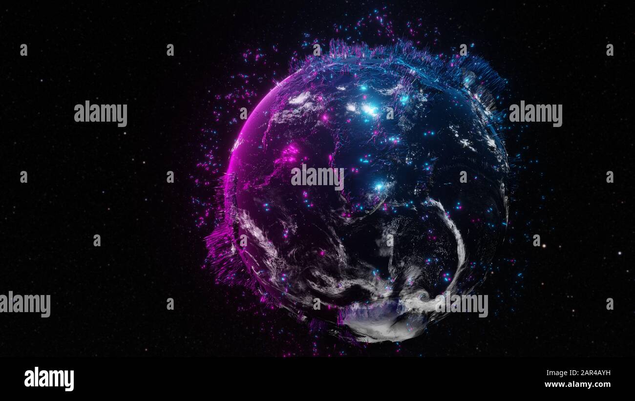 Abstract futuristic planet Earth surrounded by virtual elements. Dots ...