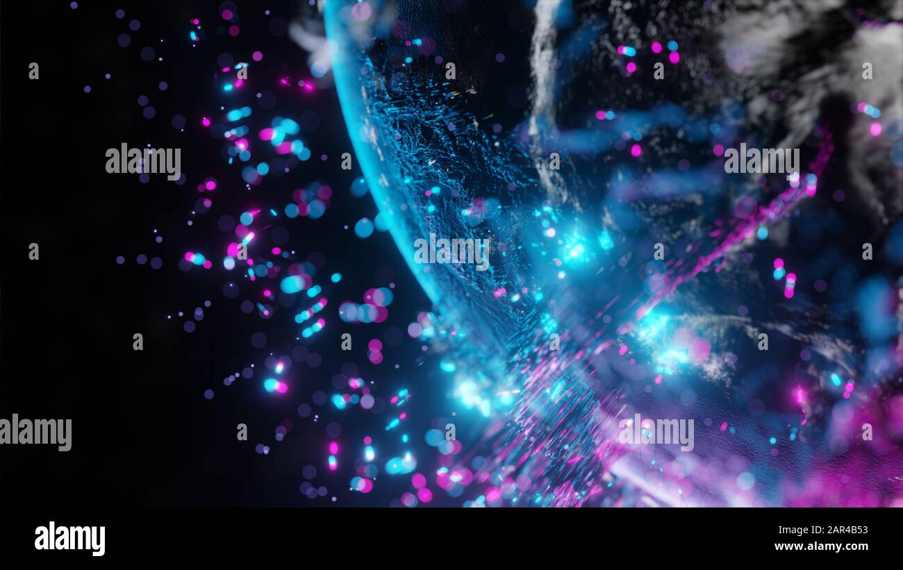 Abstract futuristic planet Earth surrounded by virtual elements. Dots ...