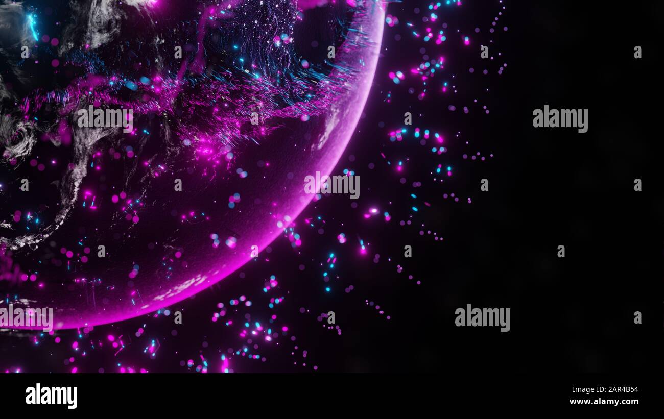 Abstract futuristic planet Earth surrounded by virtual elements. Dots ...