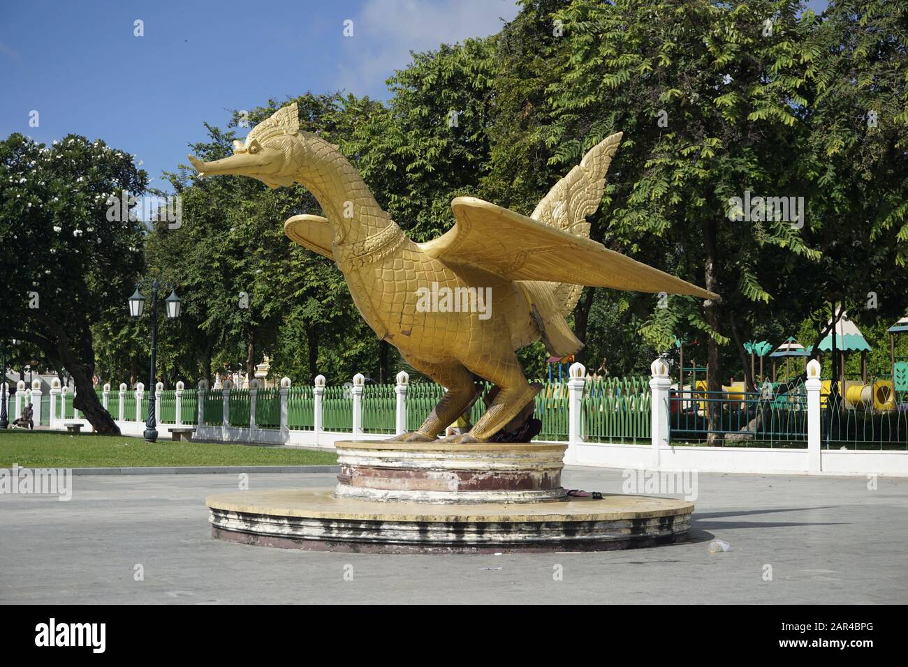 statue of Hang Meas, the sacred golden bird, in Wat Botum park, south ...