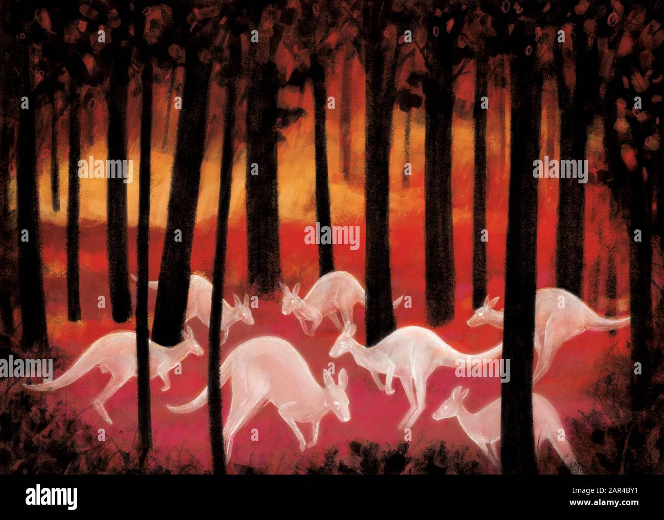 Kangaroo ghosts in a wildfire in Australia. Soul spirits of animals ...